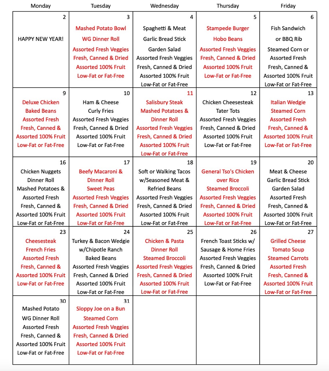 January 2023 Lunch Menu – The Stampede